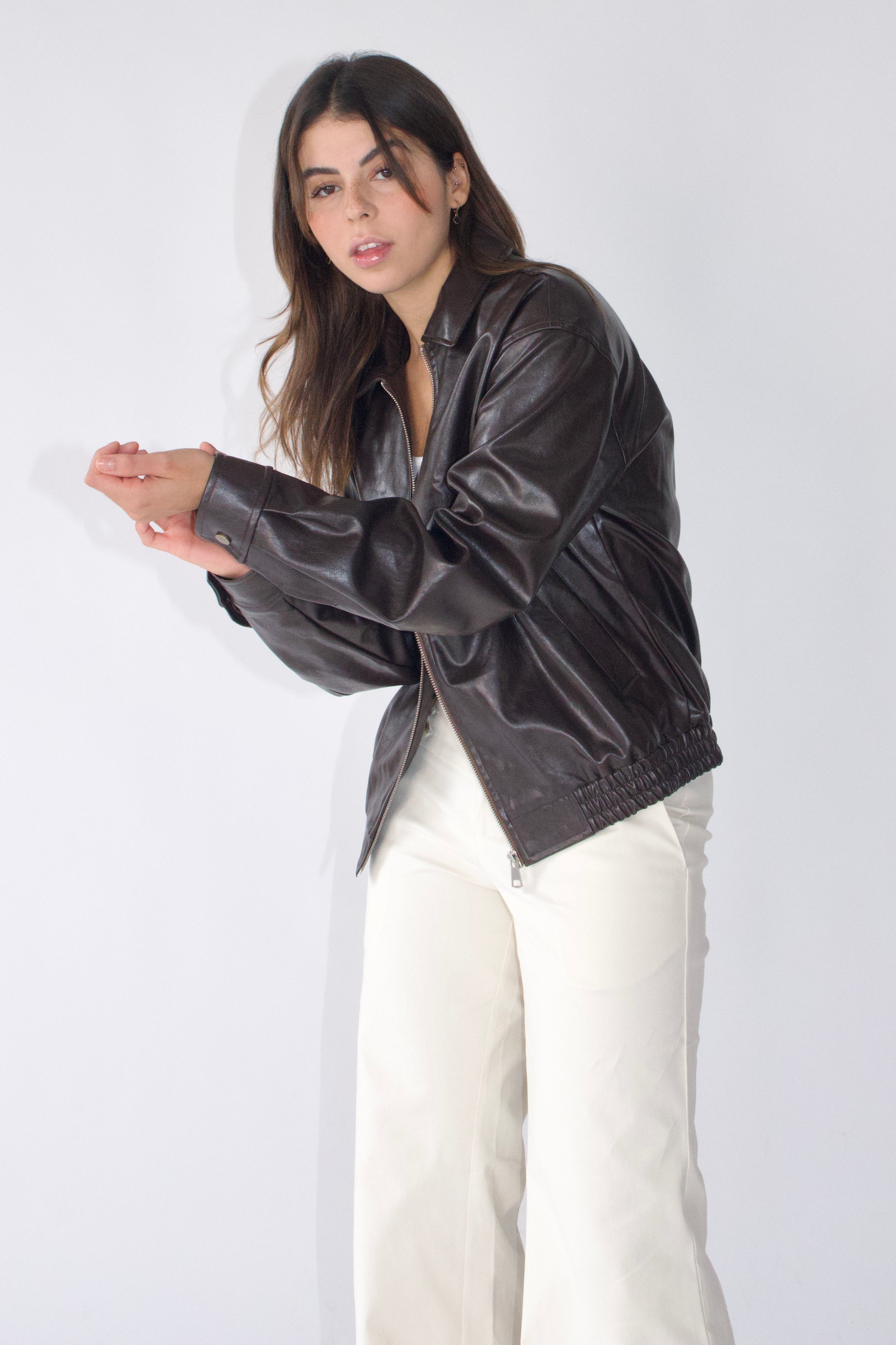 SCG MADE | Basic 90s Style Faux Leather Bomber Jacket in Brown – SCG ...